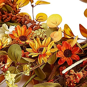 Sggvecsy Artificial Fall Wreath 22’’ Autumn Front Door Wreath Harvest Wreath with Orange Daisy Ear of Wheat Mixed Flowers and Leaves for Outside Indoor Wall Window Festival Thanksgiving Autumn Decor