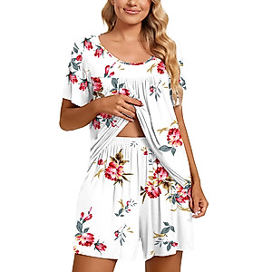 TAOHUADAO Womens Summer 2 Piece Pajama Sets, Short Sleeve Pleated Tunic Tops with Comfy Shorts, Lounge Sleepwear Ladies Pjs Sets with Pockets M, Floral White