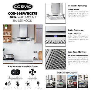 COSMO 668WRCS75 Wall Mount Range Hood with Ducted Exhaust Vent, 3 Speed Fan, Soft Touch Controls, Tempered Glass, Permanent Filters in Stainless Steel, 30 inches