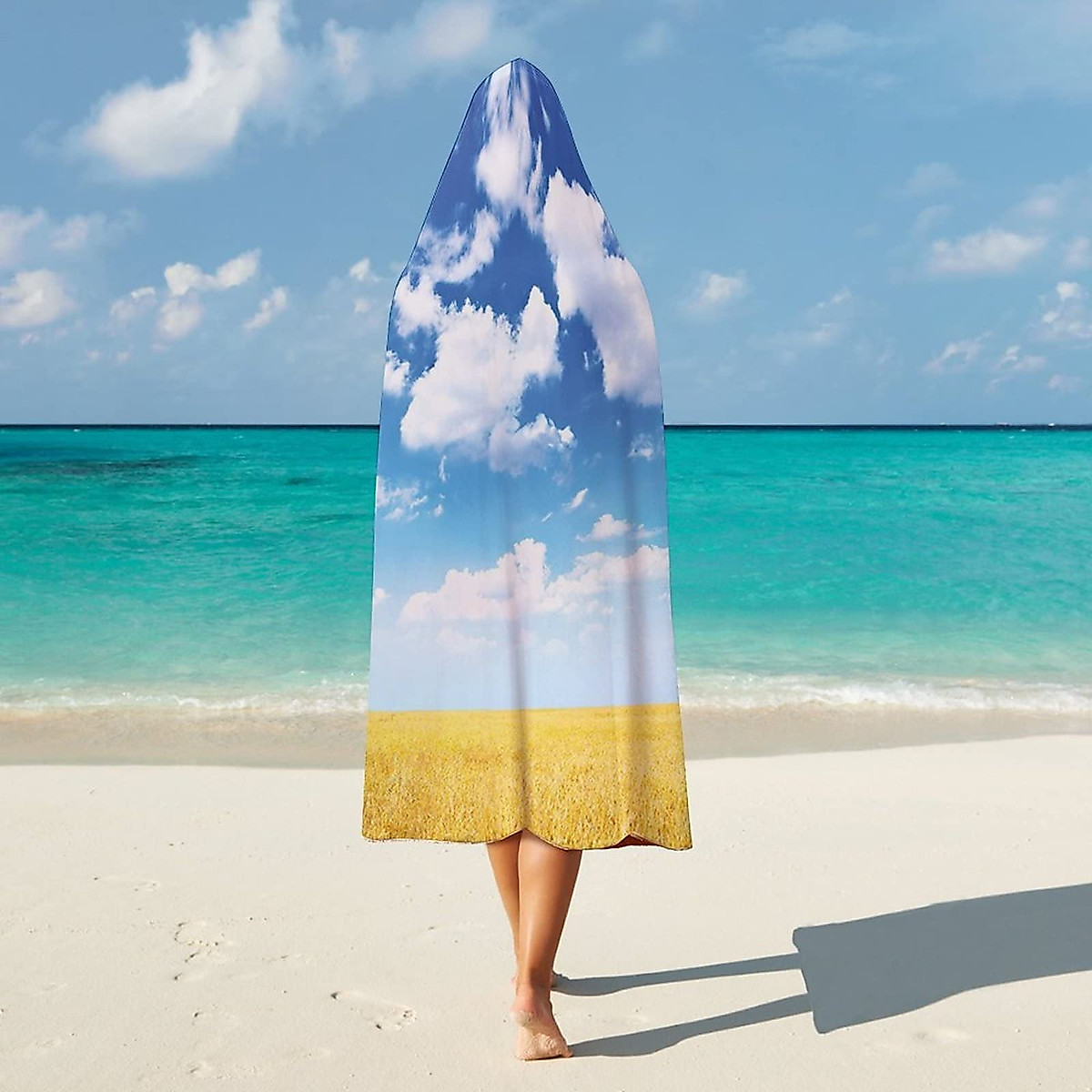 Hooded Blanket Poncho, Yellow and Blue Women Men Hooded Blanket, Wheat Field Vibrant Summer Harvest Sunbeam, Soft Warm Cozy, 40 x 50inches, Studying Reading Snuggling Napping Office