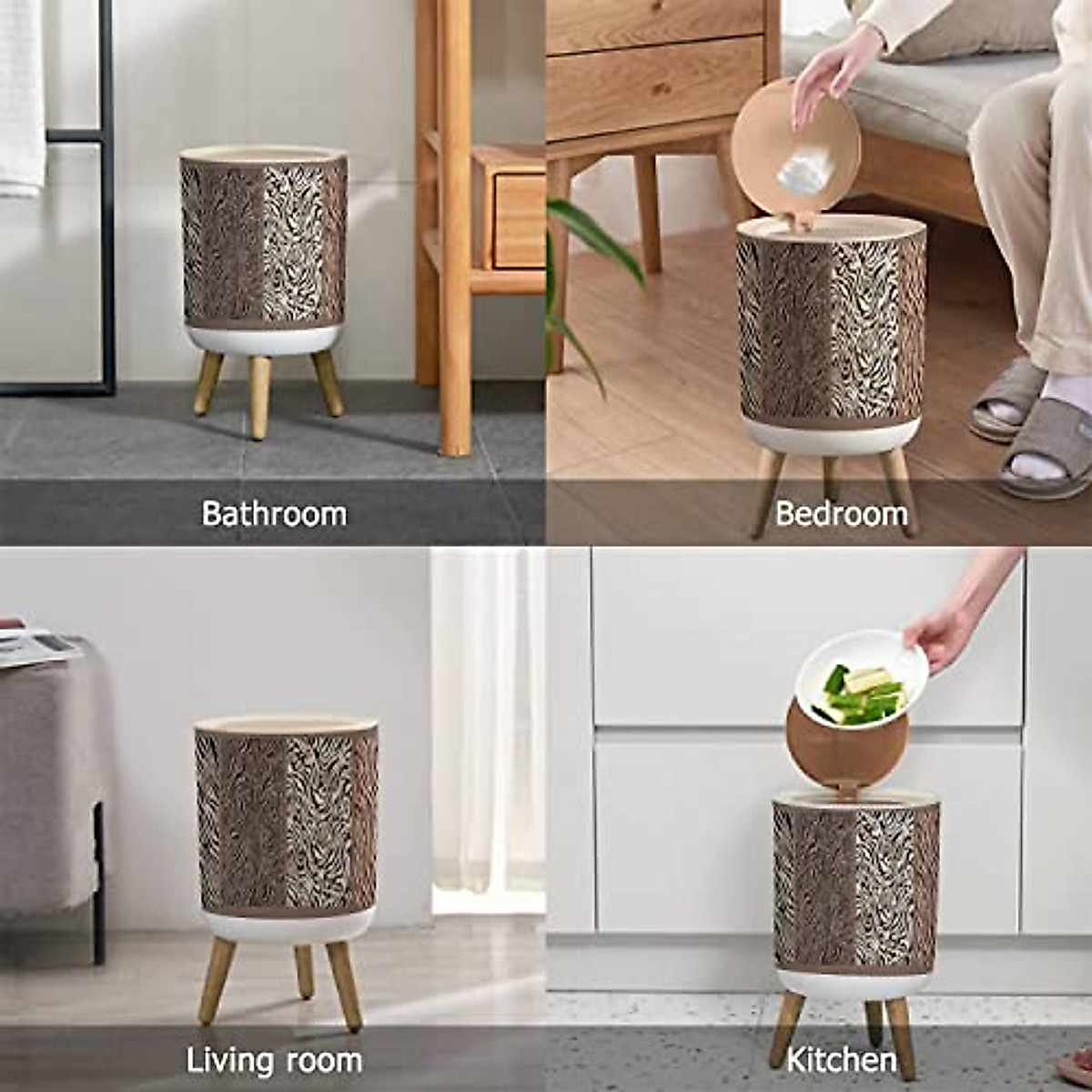 Small Trash Can with Lid Trendy Abstract Wavy Backgrounds Seamless Striped Patterns Diagonal Wood Legs Press Cover Garbage Bin Round Waste Bin Wastebasket for Kitchen Bathroom Office 7L/1.8 Gallon