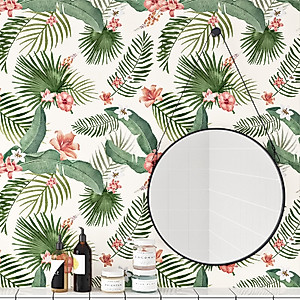 WESTICK Green Floral Wallpaper Self Adehesive Tropical Wall Paper Palm Tree Peel and Stick Botanical Vinyl Wallpaper Banana Leaf Pink Amaryllis Flower Contact Paper for Cabinets 17.5 x 118 inch