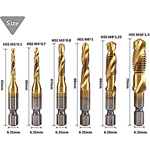 Bestgle 6 Packs Hex Shank Titanium Coated Countersink Tap Drill Bit Set, HSS Screw Thread Metric Combination Tap Drill, M3-M10