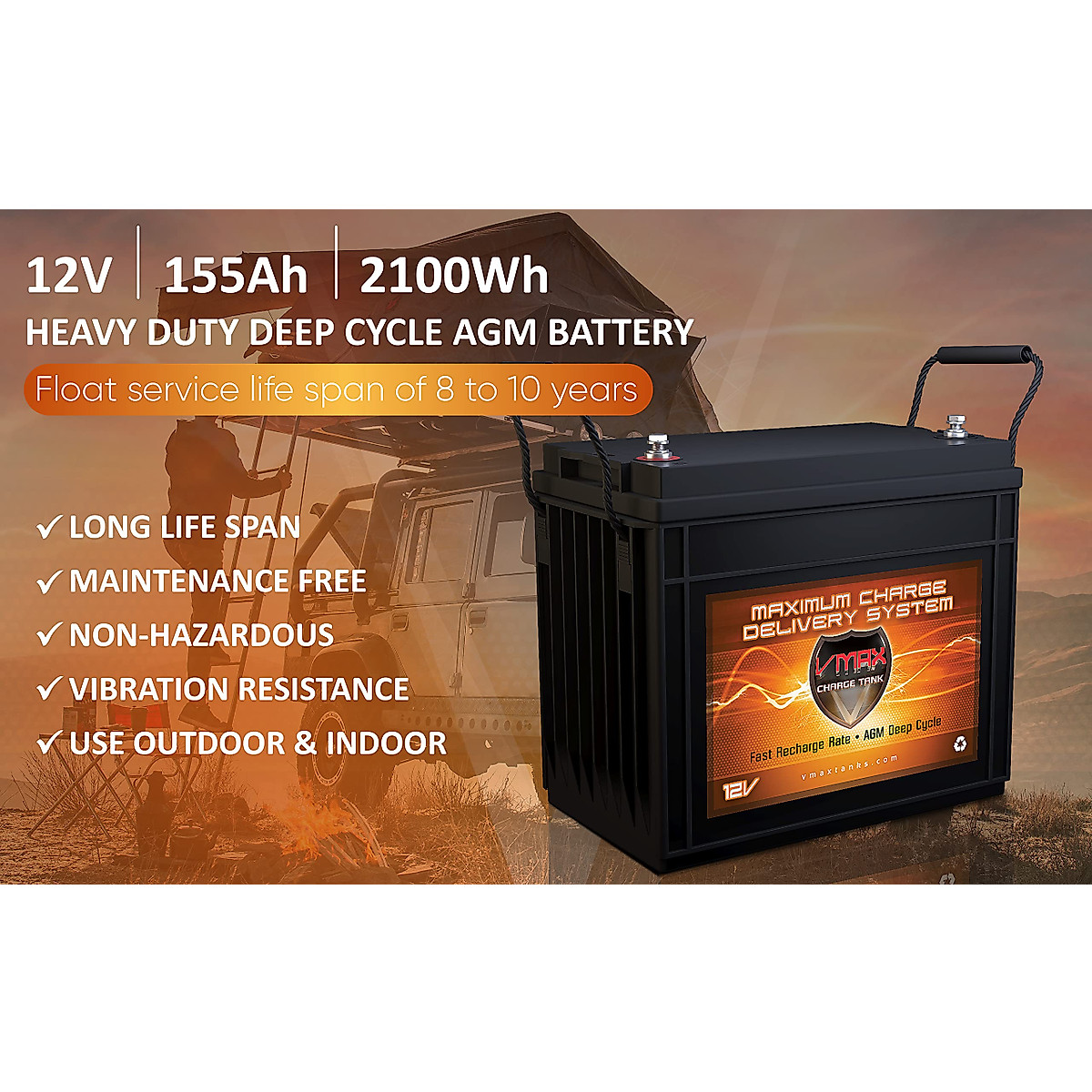 VMAX Solar Battery SLR155 12V 155Ah AGM Deep Cycle Group GC12 Battery Compatible with Solar Panel Backup Enery Storage