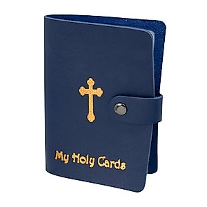 Holy Prayer Card Holder with Gold Tone Stamped Cross, Navy Blue Faux Leather Holders for Cards, Thin Albums for Catholic Prayers, 5.25 Inches