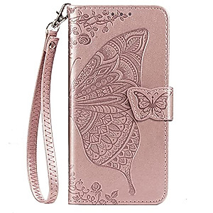ONV Wallet Case for Samsung Galaxy Z Fold 3 - Butterfly Embossed Leather Folio Case [Magnetic] [Card Slots] [Kickstand] [Wrist Strap] +TPU Shell for Samsung Galaxy Z Fold 3 [HZD] -Rosegold