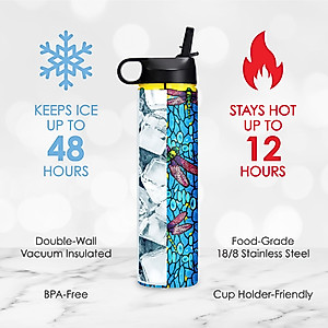 RainCaper 18/8 Stainless Steel Insulated Water Tumbler with Straw | 24oz, BPA-Free, Double Wall for Hot & Cold | Travel-Friendly, Cup Holder Ready (Tiffany Dragonfly - Purple)