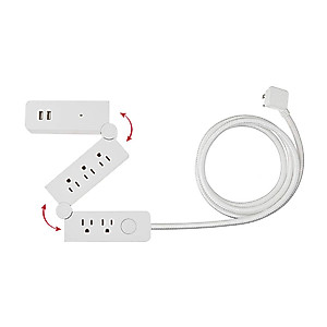 Designer Series 5-Outlet USB Surge Protector Flexible Power Strip, 2x USB Ports (5V/3.1A), Surge Protector, Right Angle Plug, Central On/Off Button, 6ft Cord, White Finish,78449