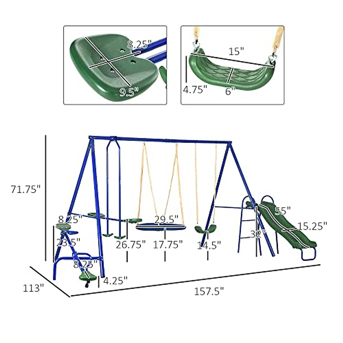 Outsunny 5-in-1 Kids Swing Set Backyard Playground Set with Saucer Swing, Outdoor Slide, Seesaw, Metal Swing Set Kids Outdoor Playset Playground Equipment Blue