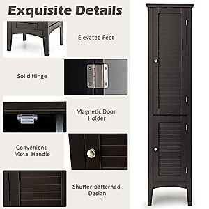 Giantex Storage Cabinet Bathroom High Cabinet with 5 Tier Shelves, Freestanding Slim Cabinet, Tall Organizer for Bathroom, Kitchen, Living Room, Bedroom Linen Tower Narrow Floor Cabinet (Dark Coffee)