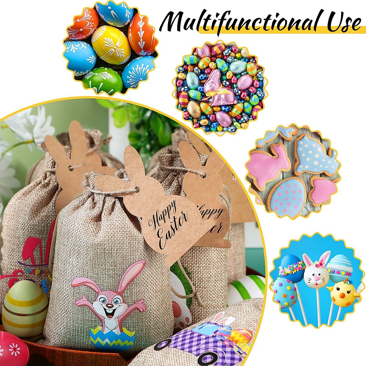 24 Pcs Easter Burlap Drawstring Bags Easter Burlap Bags with Drawstrings Bunny Linen Goody Gift Bags with Double Jute Drawstrings Easter Bags Burlap Easter Bunny Bags for Easter Party (Bright Style)