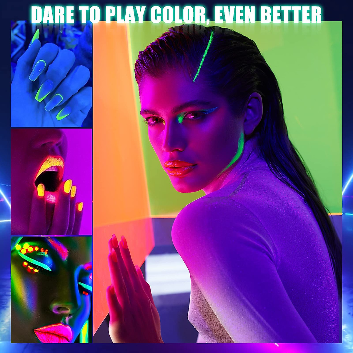 Beteligir 6 colors Neon Pigment Eyeshadow Powder, FindinBeauty UV Glow Blacklight Mixed Bright True Colors Eye Shadow Pigments, Neon Pigment Eyeshadow Powder for Christmas Face Body Makeup