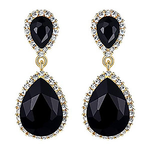 EVER FAITH Women's Austrian Crystal Wedding Tear Drop Dangle Earrings Black Gold-Tone