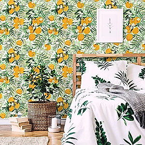 Jeweluck Floral Wallpaper Peel and Stick Wallpaper Green Contact Paper 17.7inchx118.1inch Leaf Wallpaper Lemon Self Adhesive Wallpaper Removable Wallpaper Peel and Stick Contact Paper for Kitchen