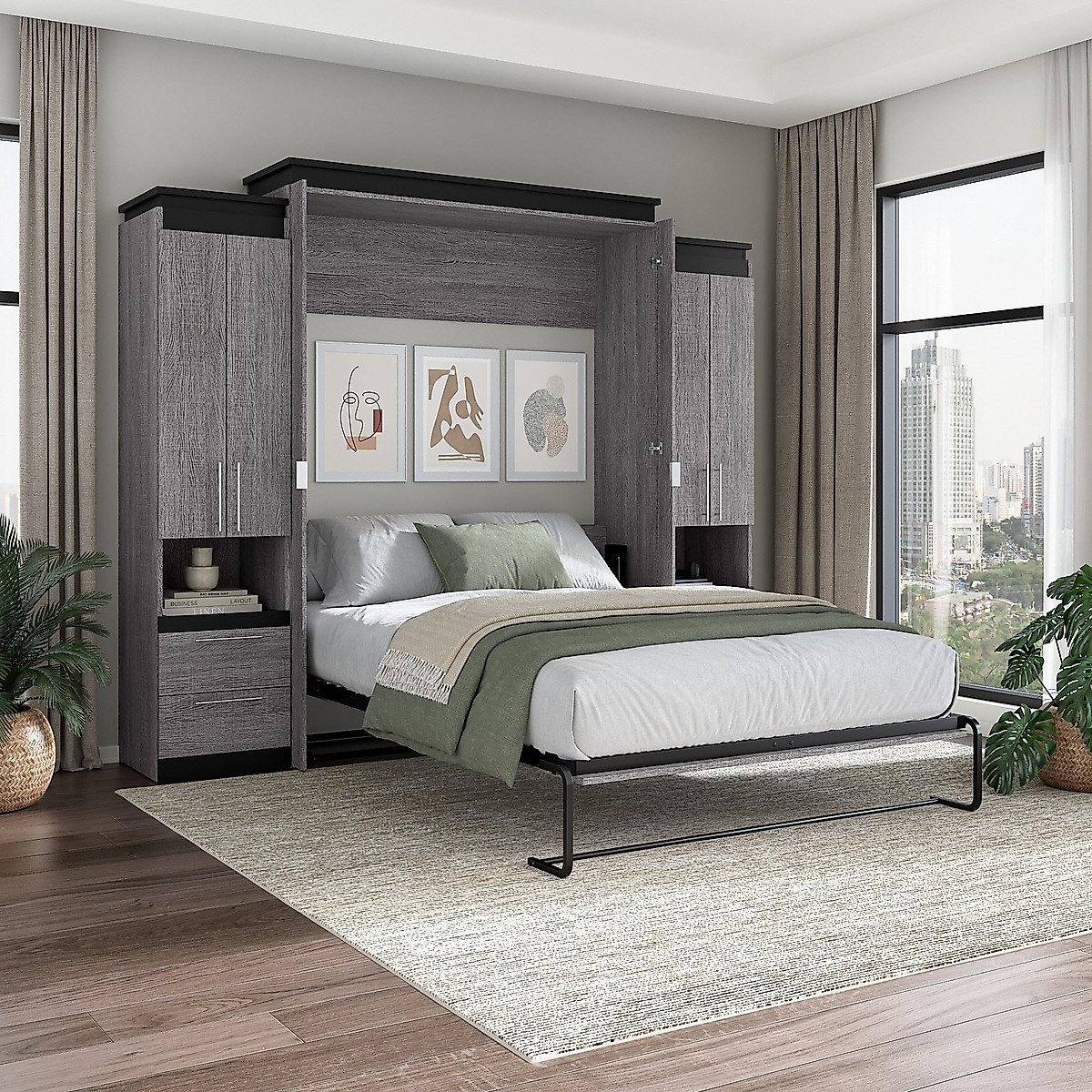 Bestar Orion Queen Murphy Bed with Storage Cabinets and Pull-Out Shelf (106W) in Bark Grey and Graphite, Sleeping Arrangement with Shelves