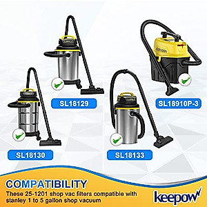 KEEPOW Shop Vac Filters Compatible with Stanley 1-6 Gallon Wet/Dry Vacuums SL18910P-3, SL18129, SL18133, Part# 25-1201 (6 Pack)