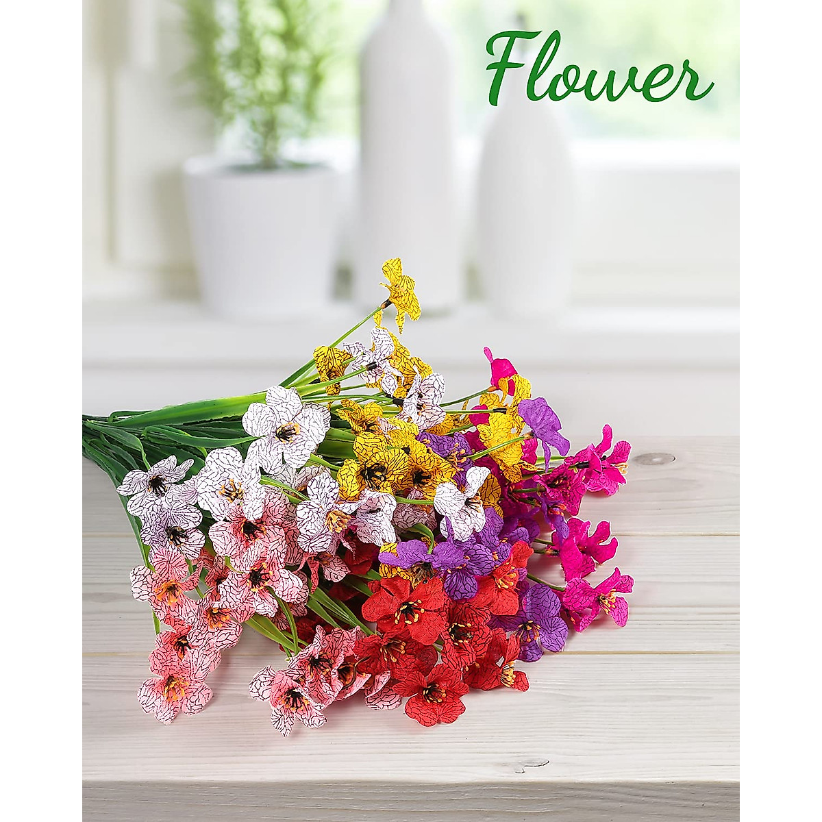 Omldggr 6 Packs Artificial Flowers Faux Violet Flowers Plastic Plant Shrubs Greenery Artificial Violet Flowers for Indoor Outside Garden Patio Porch Window Box Home Wedding Decoration