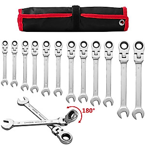 TOPDEEP Ratcheting Combination Wrench Set, 12 Piece 8-19mm Metric Flex Head Ratcheting Wrench, Chrome Vanadium Steel Ratcheting Spanner Wrench with Carrying Bag