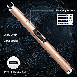 ARECTECH Lighter Rechargeable Lighter Electric Lighter Candle Lighter Arc Plasma Lighters for Candle Kitchen Camping Type-C Champagne Gold