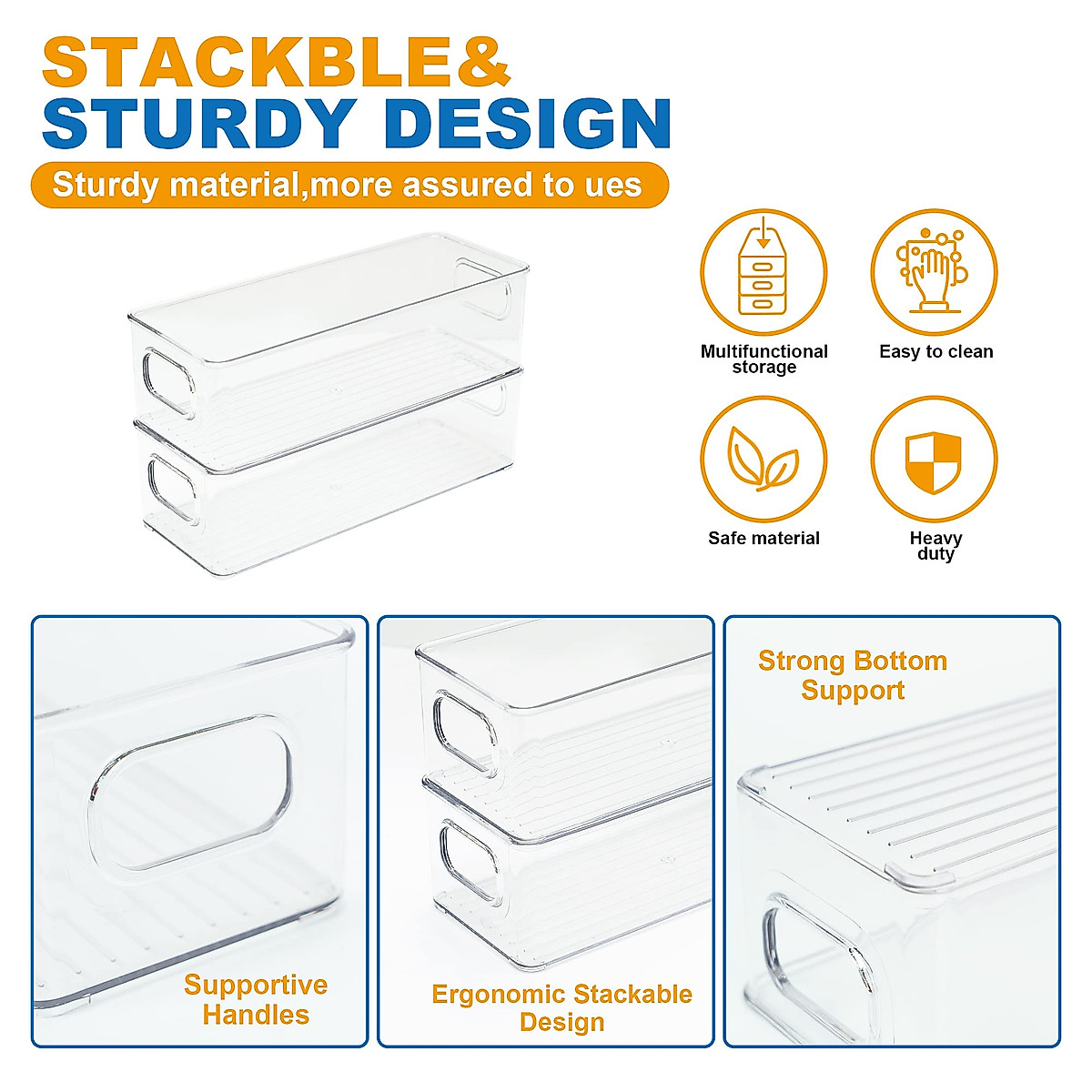 Asasen Refrigerator Pantry Organizers Stackable Fridge Organizer Bins Food Storage for Freezers, Kitchen, Countertop and Cabinets - Clear Plastic Household Storage Containers (8 Pack)