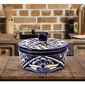 FESTMEX Genuine Mexican Talavera Hand Painted Tortillero Ceramic Tortilla warmer bowl with lid Handmade in Mexico by Artisans (Blue)