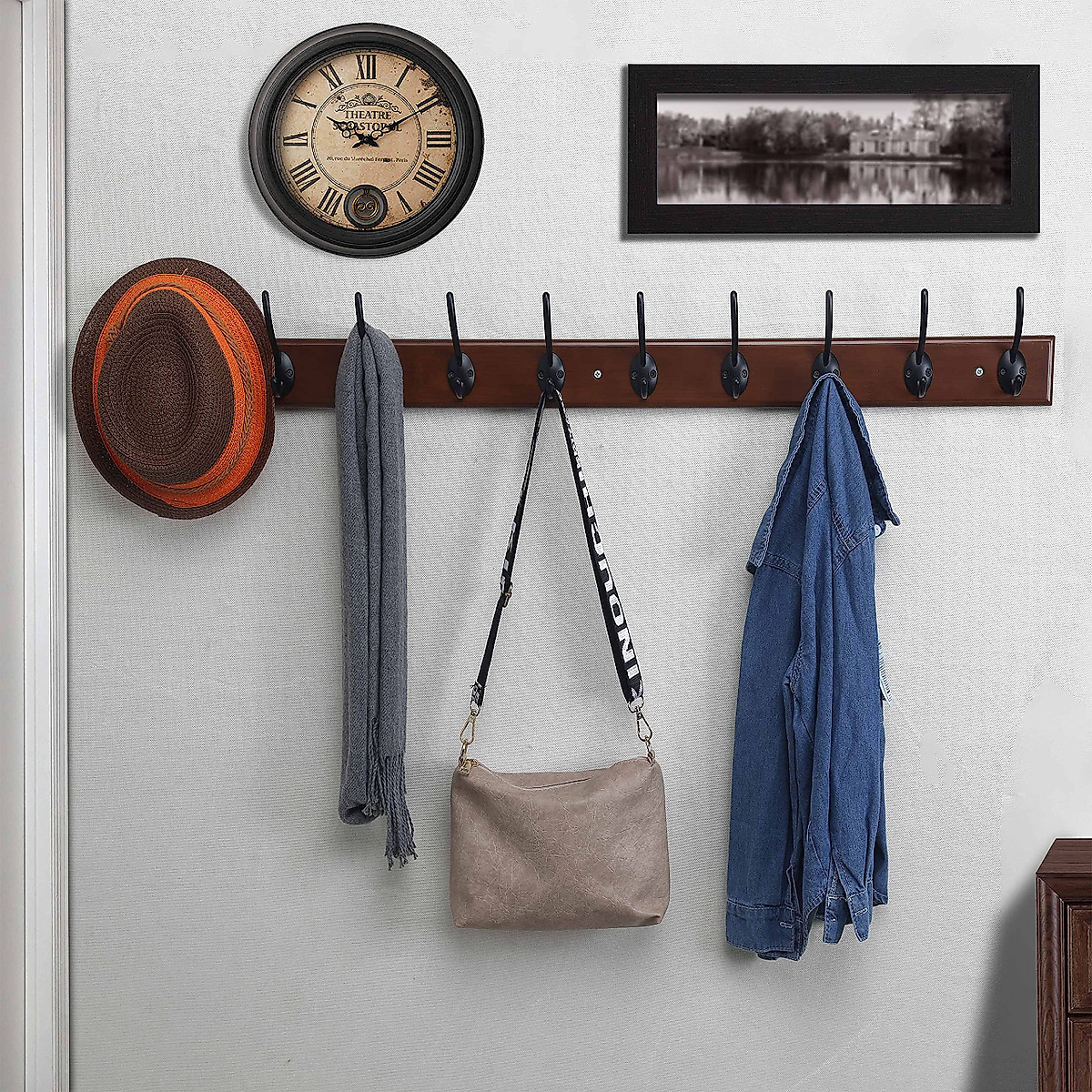 Dseap Coat Rack Wall Mounted: 10-Hooks, 38-1/4" Long, 16" Hole to Hole, Wood Coat?Hooks Wall Mounted, Hook Rack, Hook Rail, Hooks for Hanging Coats, White & Black