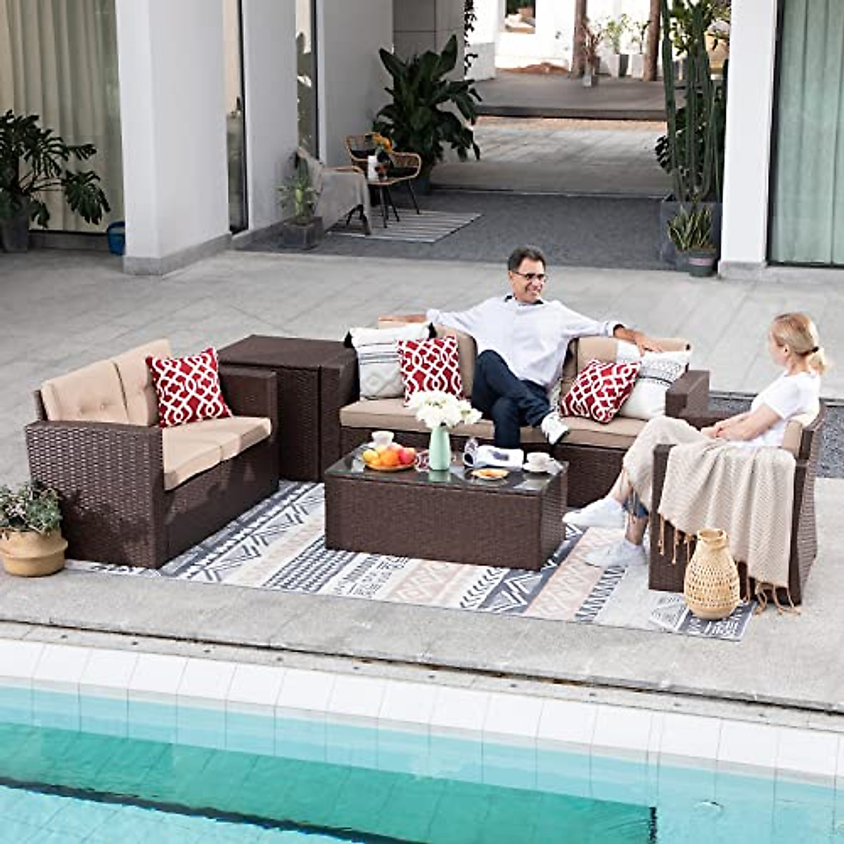 Super Patio 8 Pieces Patio Furniture Set, Outdoor Sectional Sofa, PE Wicker Patio Conversation Sets with Storage Box, Coffee Table, Three Red Pillows, Brown