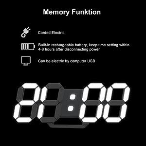 Led Digital Alarm, 3D Wall Clock Desk Auto Dimming 12/24 Hour Date Temperature Home Decor Remote Control Silent Snooze USB Nightlight Bedroom Living Room Kitchen Office 9.7inch Cool White