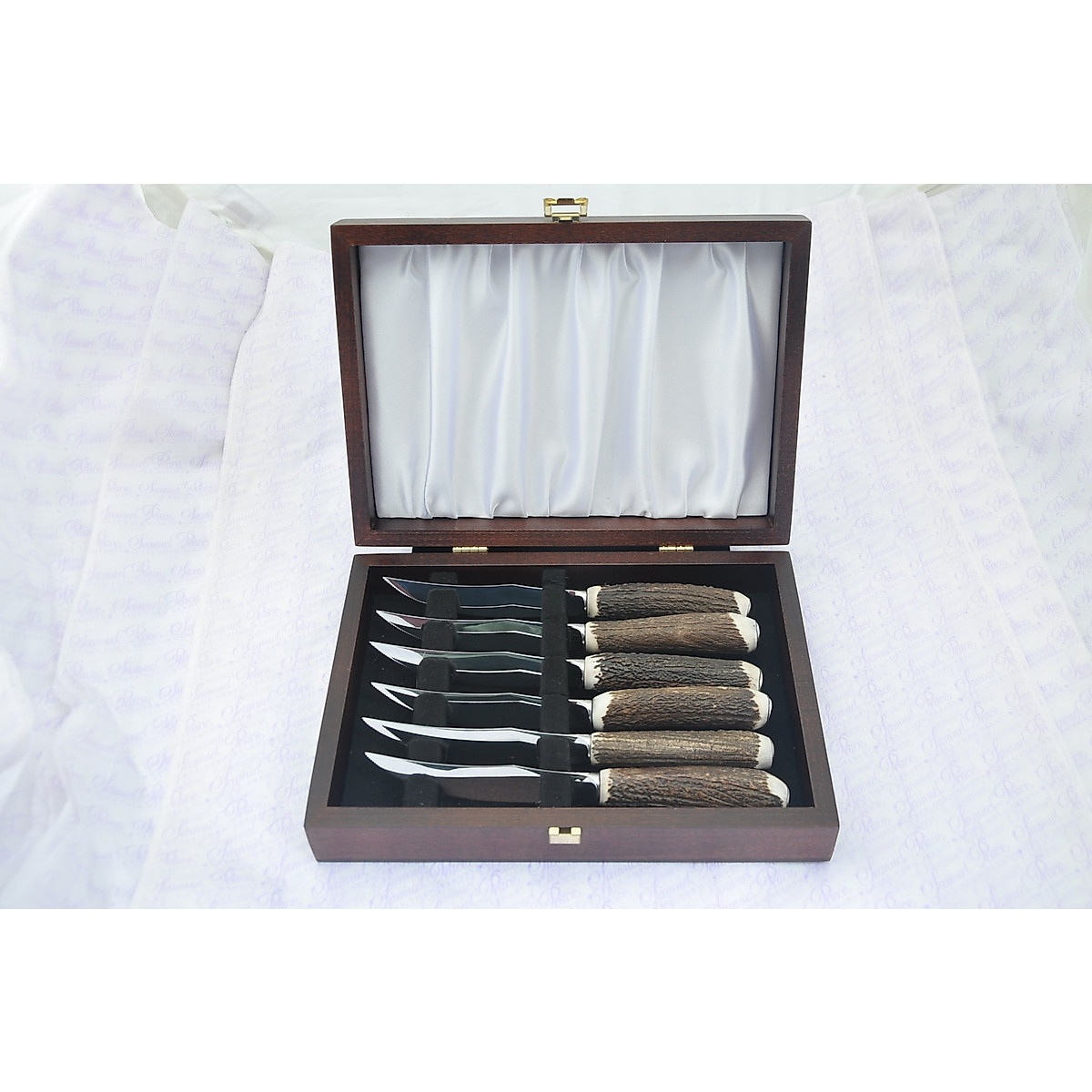 Six Cased Genuine Stag Horn/Antler Handle Steak Knives Made in Sheffield England Free Engraving