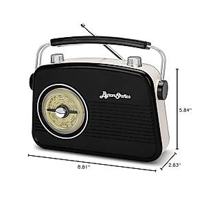 ByronStatics Black AM FM Radio - Small Portable Radios Vintage/Retro with Headphone Jack, Large Analog Rotary Tuning Dial - Power Plug or 4 x 1.5V AA Battery