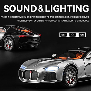 Addcean Model Car 1/24 Bugatti Toy Car, Atlantic Alloy Die Cast Cars Model Car for Kids Birthday Christmas Party Gift, Pull Back Toy Cars with Sound and Light (Silver-Blue)