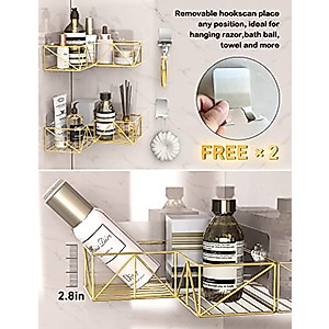 Iperlife Corner Shower Caddy Gold, Adhesive Shower Shelf Corner Shower Organizer with Hooks, 2-Pack Wall Mounted Bathroom Shelf for Inside Shower (Only Fits 90° Right Angle Corner)