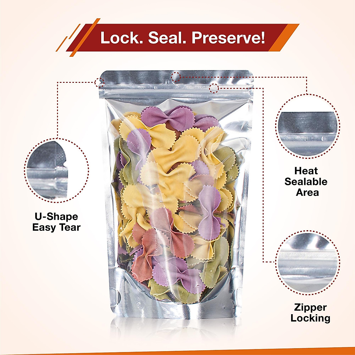 BELLE KR® Mylar Bags for Food Storage- Pack Of 100 (30 Pieces 4"x6" and 5"x8" and 40 Pieces 6"x9") Resealable Mylar Ziplock Bag with 7.5mil Thickness with Labels