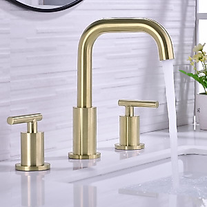 TRUSTMI Bathroom Faucet 2 Handle 8 Inch Brass Sink Faucet 3 Hole Widespread with 360 Degree Swivel Spout, cUPC Water Supply Lines and Overflow Pop Up Drain Included, Brushed Gold