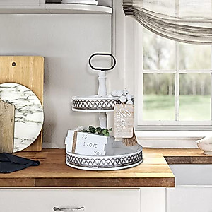 HPC Decor Two Tiered Tray-Farmhouse Tiered Tray with Metal Accents-Decorative Wooden Tiered Tray Stand-Rustic 2 Tier Tray for for Kitchen Island Country Dinning Entryway Coffee Table Tray (White)