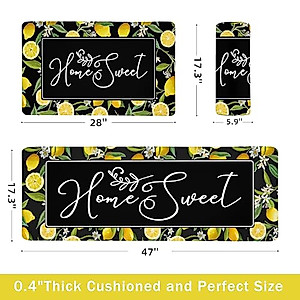 chiinvent Lemon Kitchen Rugs Anti Fatigue Kitchen Mats For Floor Black Yellow Non skid Washable kitchen Mats Set of 2 Cushioned Comfort Standing Mats for Laundry Office Sink,17.3x28 + 17.3x47 inch PVC