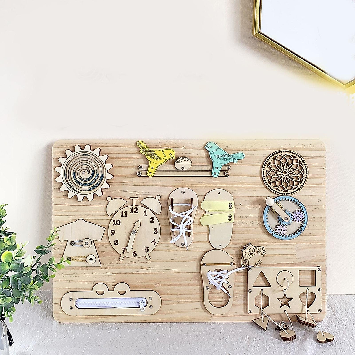 AMLESO Wooden Montessori Busy Board Activities Learn Their Shoes Activities Accessories for Preschool Kids Children