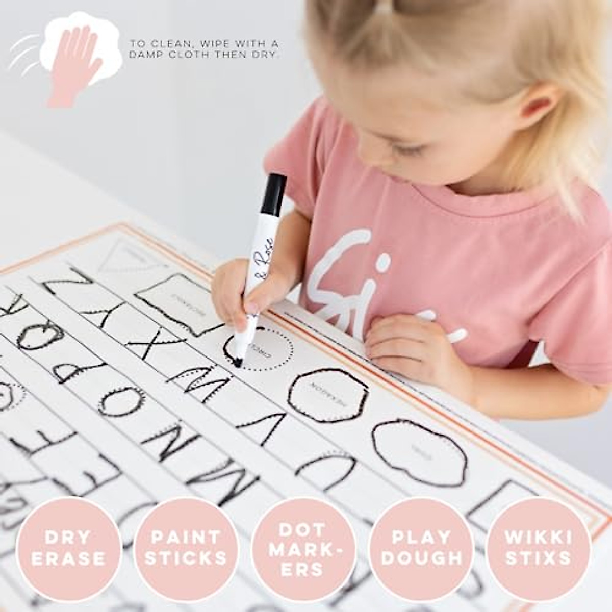 Ryan & Rose Cutie Mats Disposable Placemats For Baby, Toddlers & Kids Extra Coverage (13" X 21") 30 Pack (3 Designs) Stick To Table Easy Clean Up For Food & Toys Dry Erase Tracing Writing (EDU Tracer)