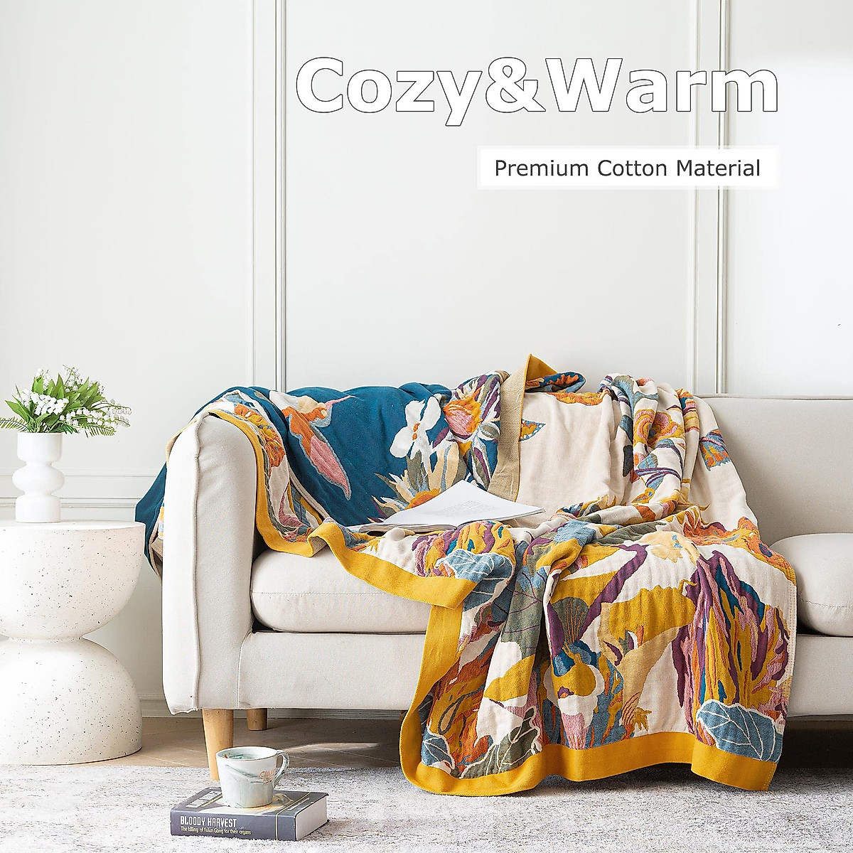 Boho Throw Blanket for Bed - 100% Cotton Ultra Soft Rustic Quilt - Floral Printed Farmhouse Decor Spring Bed Blankets,98"×98" All Season Rustic Throw for Sofa Couch Chair