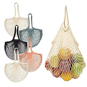 6 Pack Reusable Cotton Mesh Grocery Bags for Produce, Fruit, Vegetables, Net String Shopping Totes (4 Colors)