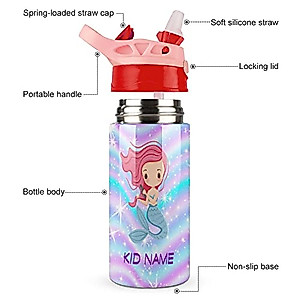 Custom Pink Mermaid Kids Water Bottle with Straw Lid Personalized Add Your Text Stainless Steel Sports Water Bottles Customized Reusable Leak-Proof Toddlers Cup for School, Travel