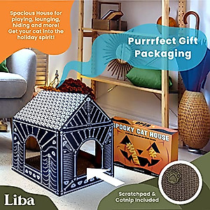 LiBa Cardboard Cat House with Scratch Pad and Catnip, Cat Bed for Indoor Cats, Cat Scratcher, Halloween Decorations Halloween Cat Toys Gifts for Cats Fish Bone