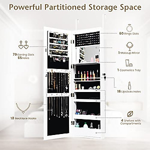 COSTWAY 12 LEDs Jewelry Cabinet, Wall/Door Mounted Jewelry Organizer Cabinet with 53.5” Full Length Mirror & Large Storage Capacity, Lockable Mirror Jewelry Armoire for Women Girls (White)