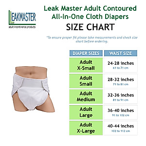 LeakMaster Adult Sized Contoured All in One Cloth Diapers - Hourglass Shaped Multi-Layered Cotton Gauze Interior with PUL Waterproof Outer Moisture Barrier - Medium (Fits 32-36 Inch Waists)