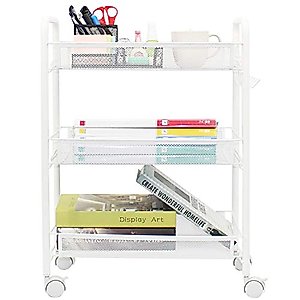 OVICAR Mesh Wire 3 Tier Rolling Cart, Kitchen Storage Utility Cart, Multifunction Basket Stand for Bathroom, Full Metal Storage Art Trolley Carts with Wheels & 4 Side Hooks (White)