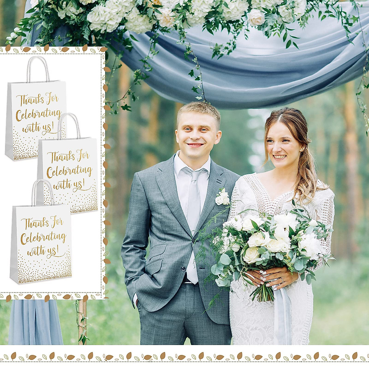30 Pcs Gold Wedding Welcome Bags for Hotel Guests Thanks for Celebrating with Us Paper Bags Medium Size Foil Wedding Gift Bag with Handle For Bridal Shower Party Favor (White, 7.48 x 5.9 x 2.76 Inch)