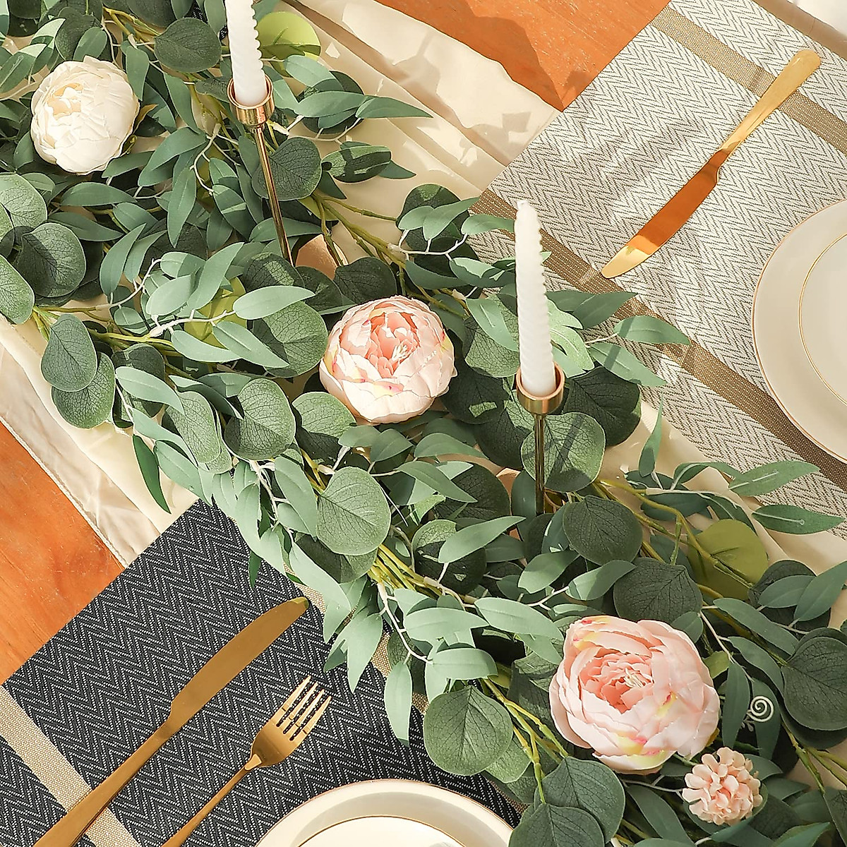 JUSTOYOU 5 Pack Fake Silver Dollar Eucalyptus Greenery Garland Plants, 6.5 Feet Artificial Eucalyptus Leaves Vines for Wedding Table Backdrop Arch Wall Decor Runner Doorways Decoration Indoor Outdoor