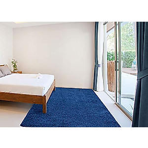 Sweethome Stores Cozy Collection Plush Luxurious Solid Navy Solid Design (5' X 7') Shag Living Room & Bedroom Area Rug