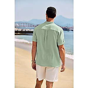 COOFANDY Men's Casual Henley Shirt Band Collar Short Sleeve Shirt Beach Shirt Light Green