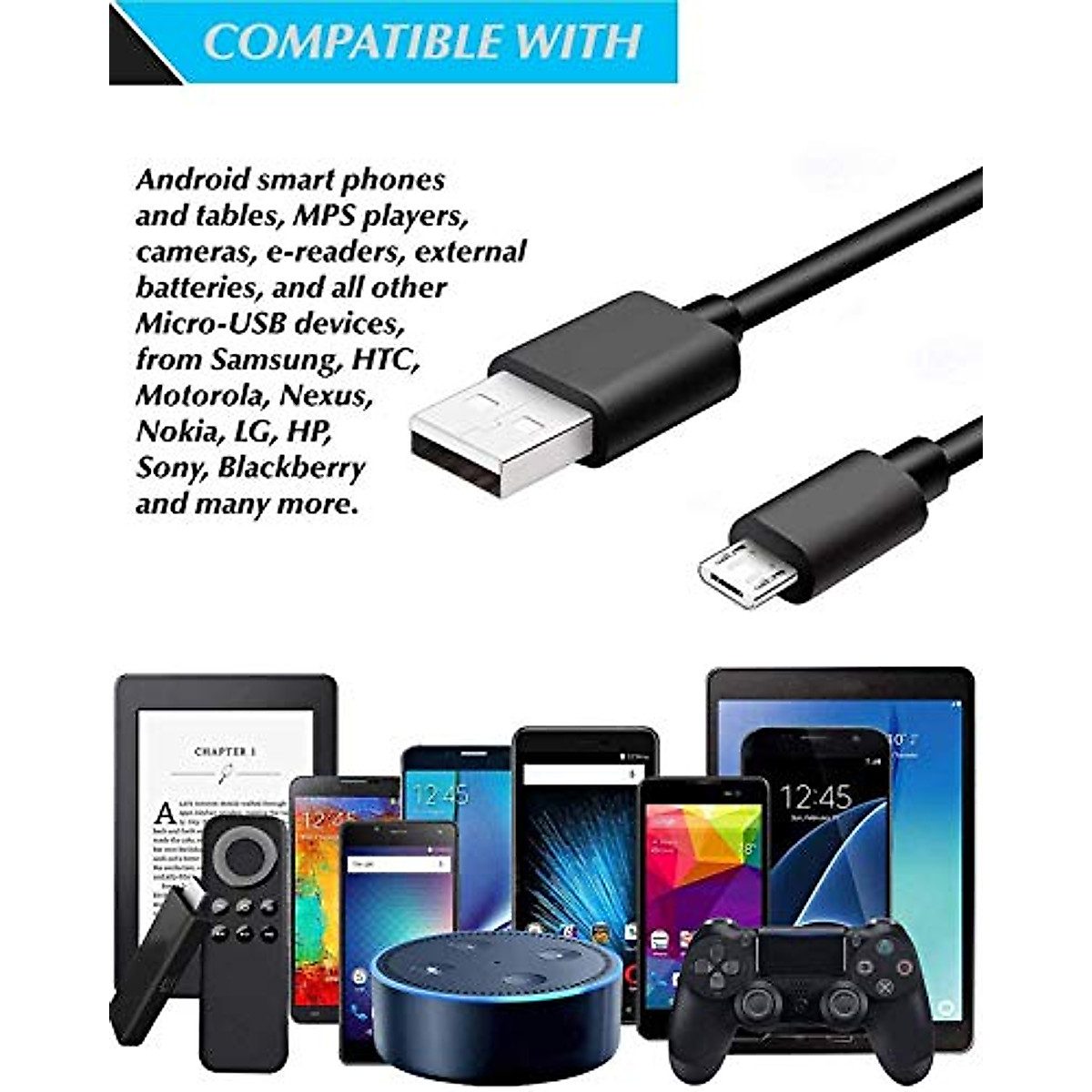 Micro USB Cable,Universal 3Pack 6ft Long Android Charger Cable, High Speed Sync Charger Cord and Micro USB Data Cord Wire for Samsung Galaxy S7 Edge, S7, S6 Edge,S6,Black